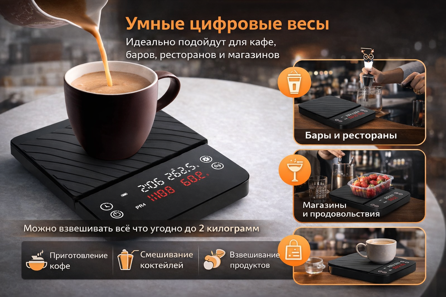 Весы кухонные White Bird "Pro", с таймером и точностью до 0,01 гр, с аккумулятором