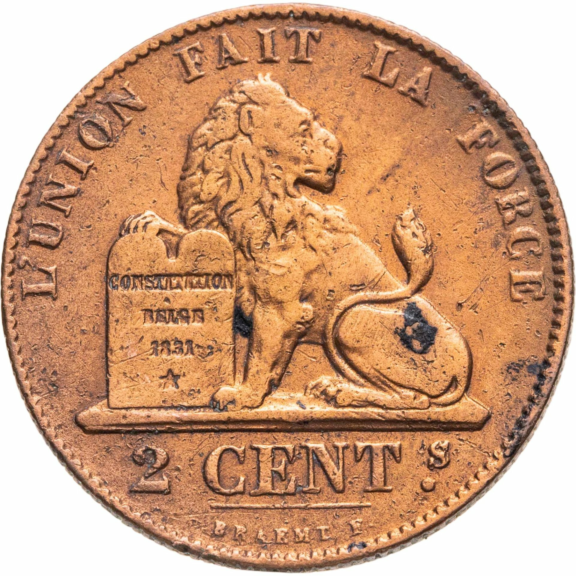 Бельгия 2 сантима 1864, Медь, в сохранности VF