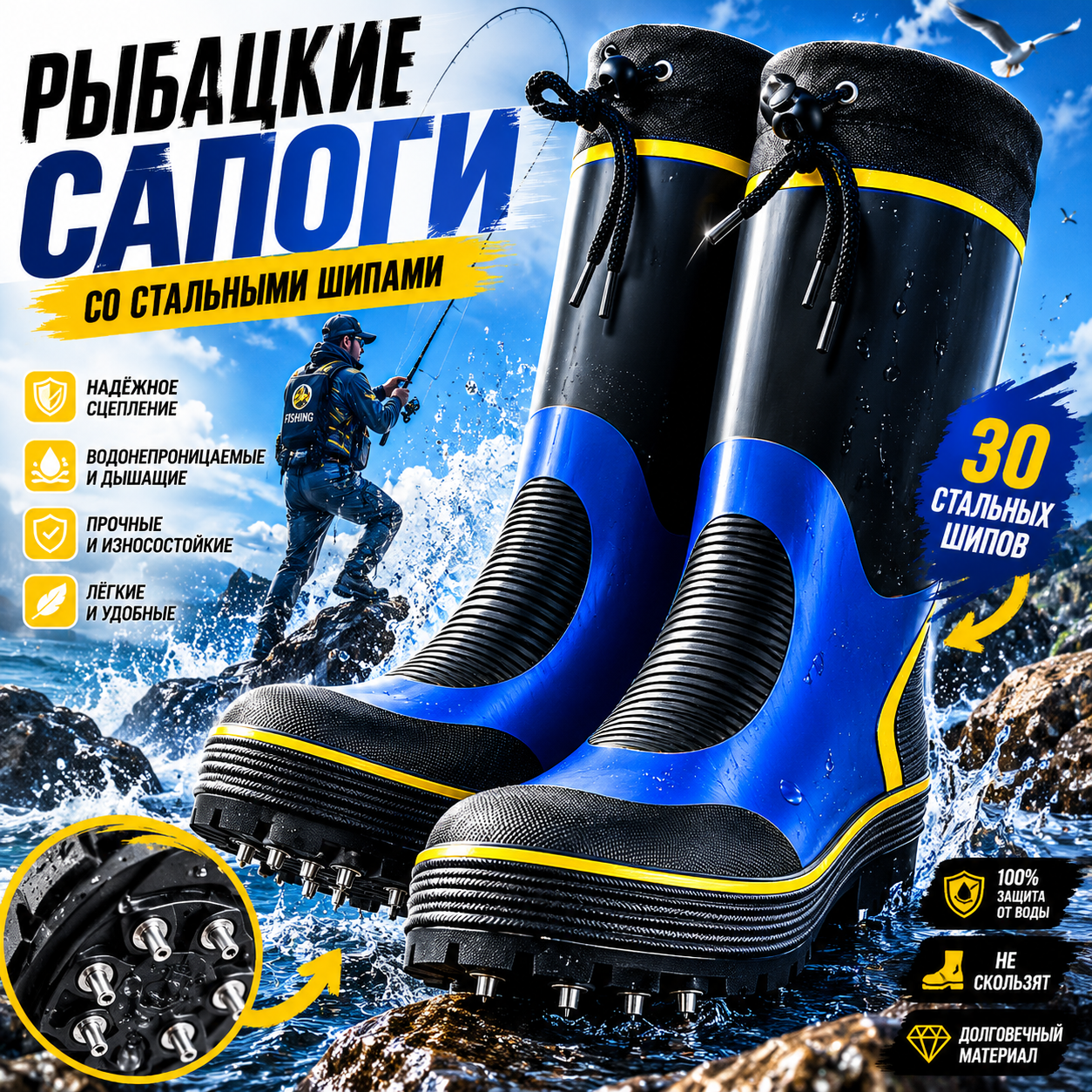 Сапоги резиновые, синие, размер 2L, для рыбалки, мужские/женские