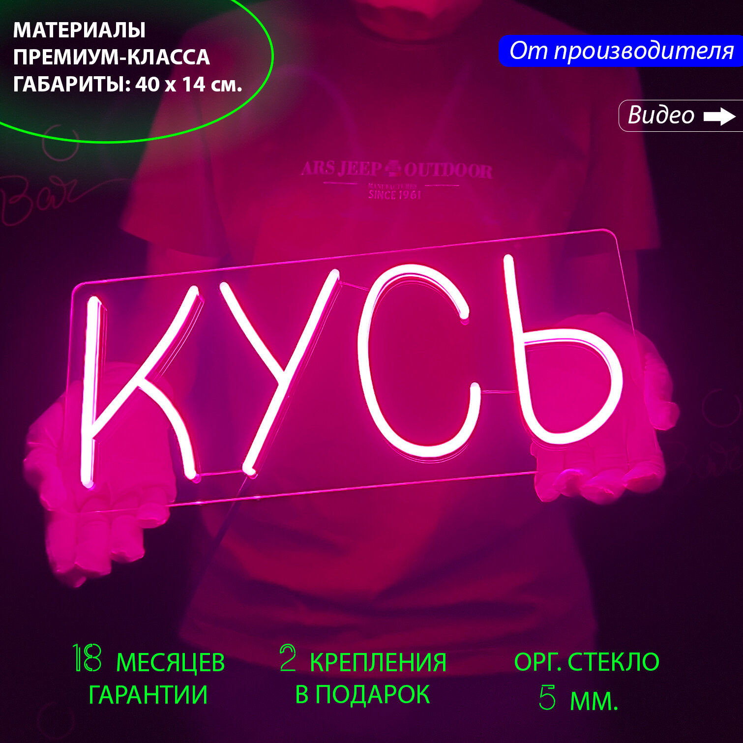 Светильник декоративный, неоновый светильник , надпись "Кусь", 40 х 17 см.