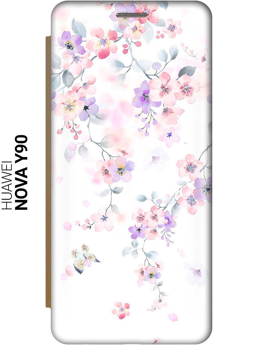 Чехол-книжка на Huawei nova Y90 / Хуавей Нова У90 с рисунком "Акварельные цветы вишни" золотистый