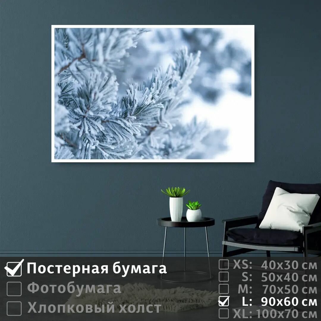 Постер на стену Ветка Сосны В Зимнем Лесу 90х60 см ПолиЦентр