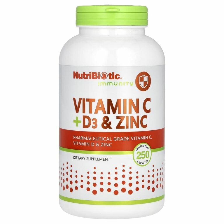 NutriBiotic Vitamin C+D3 & Zinc, Витамины C + D3 и цинк 250 капсул