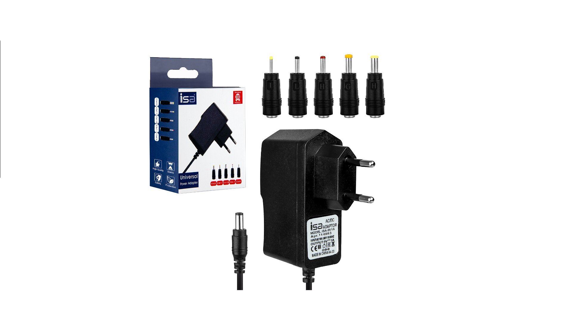 Универсальное зарядное устройство адаптер ISA Universal AC Adapter 9V/1A, 6 штекеров (5.5х2.5/5x3/ 4x1.7/3.5x1.35/3x1.1/2.5x0.8)мм, кабель 70 cм