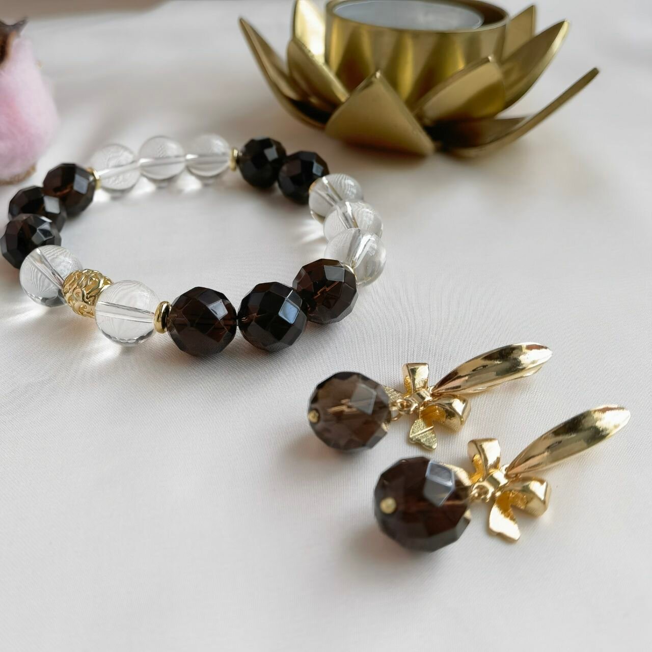 Комплект бижутерии: серьги, браслет, раухтопаз, горный хрусталь