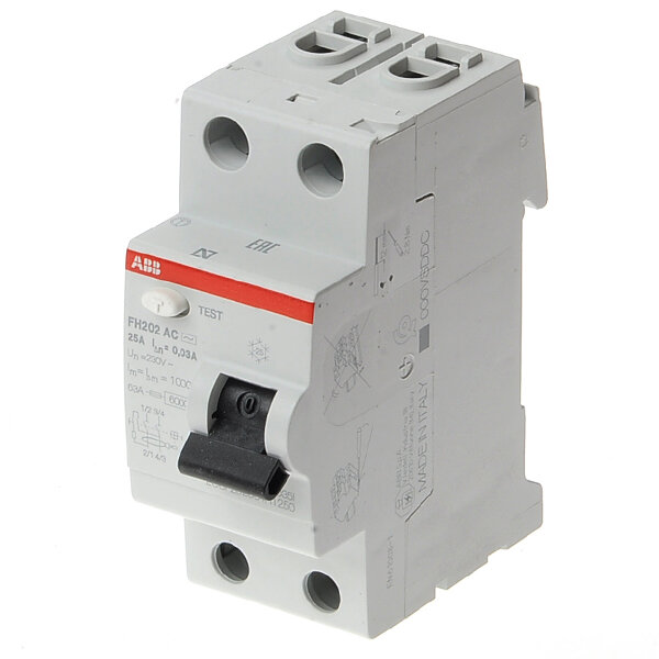 Устройство защитного отключения клавишный FH202 AC-25/0,03 (тип АС) 25А-30мА 230/400В 2Р 6кА 2CSF202002R1250 (АВВ)