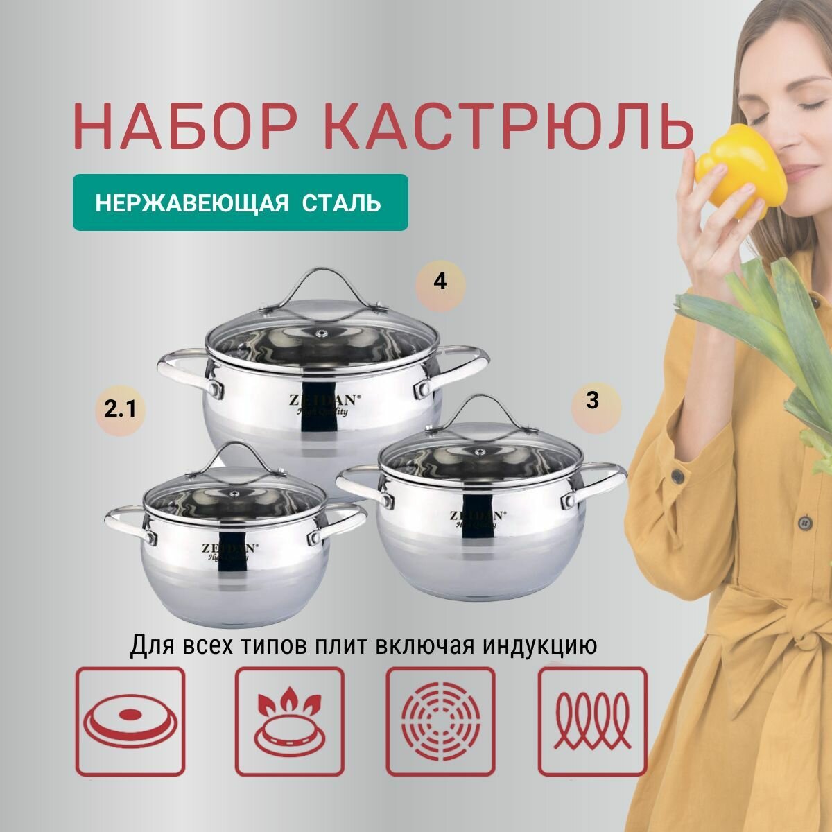 Набор кастрюль Zeidan 50624, 6 предметов 2л, 3л, 4 л