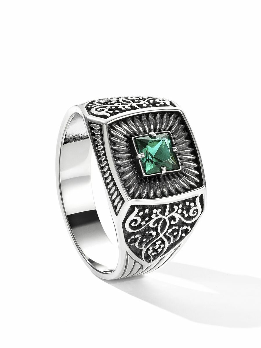 Печатка, серебро, 925 проба, чернение, изумруд синтетический