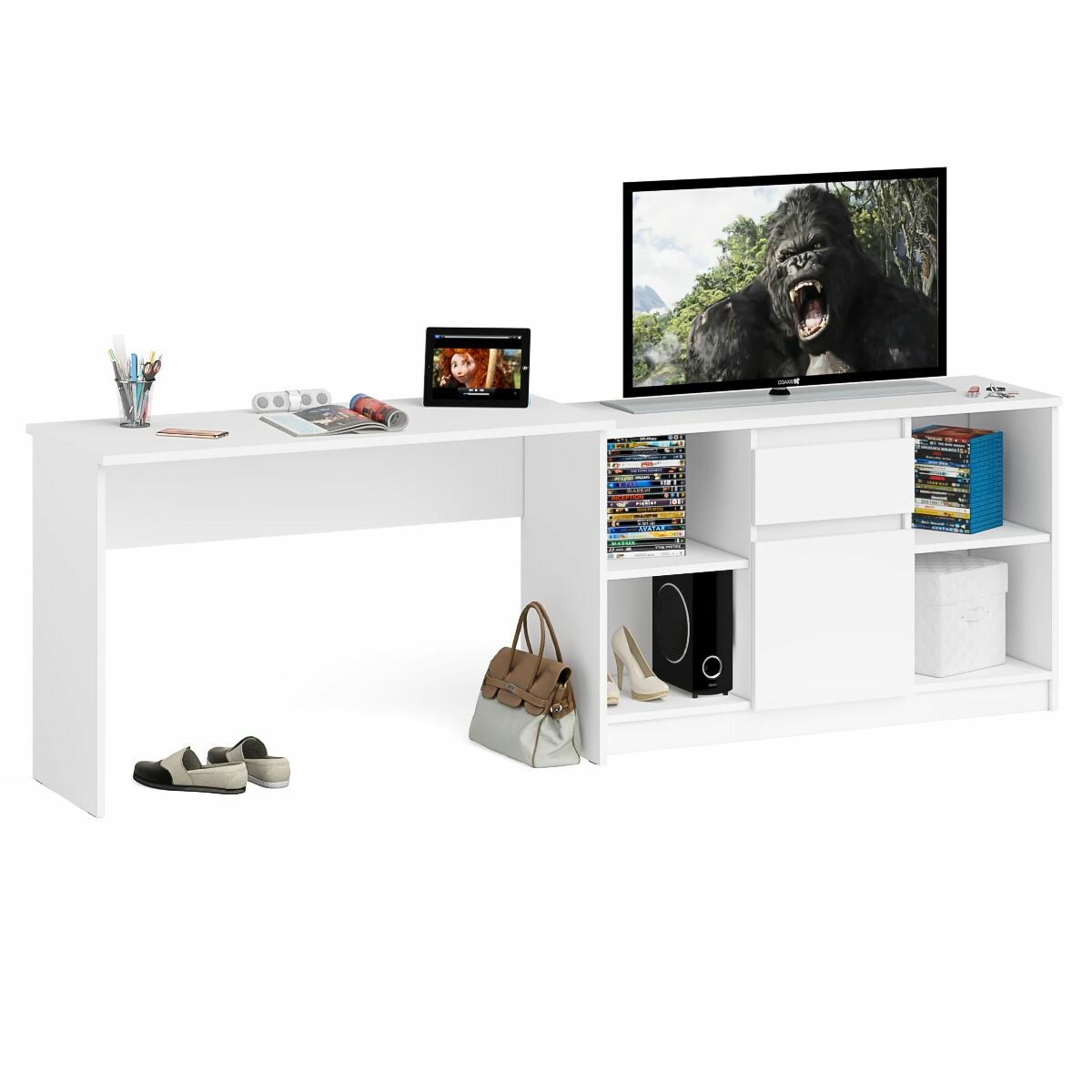 Стол письменный СВК Мори МТВ1204 и тумба высокая цвет белый, 240,8х50х76,6 см.