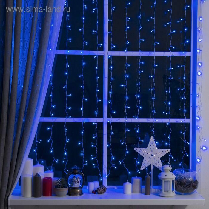 Гирлянда Занавес 2 х 1.5 м, IP20, прозрачная нить, 360 LED, свечение синее, 8 режимов, 220 В