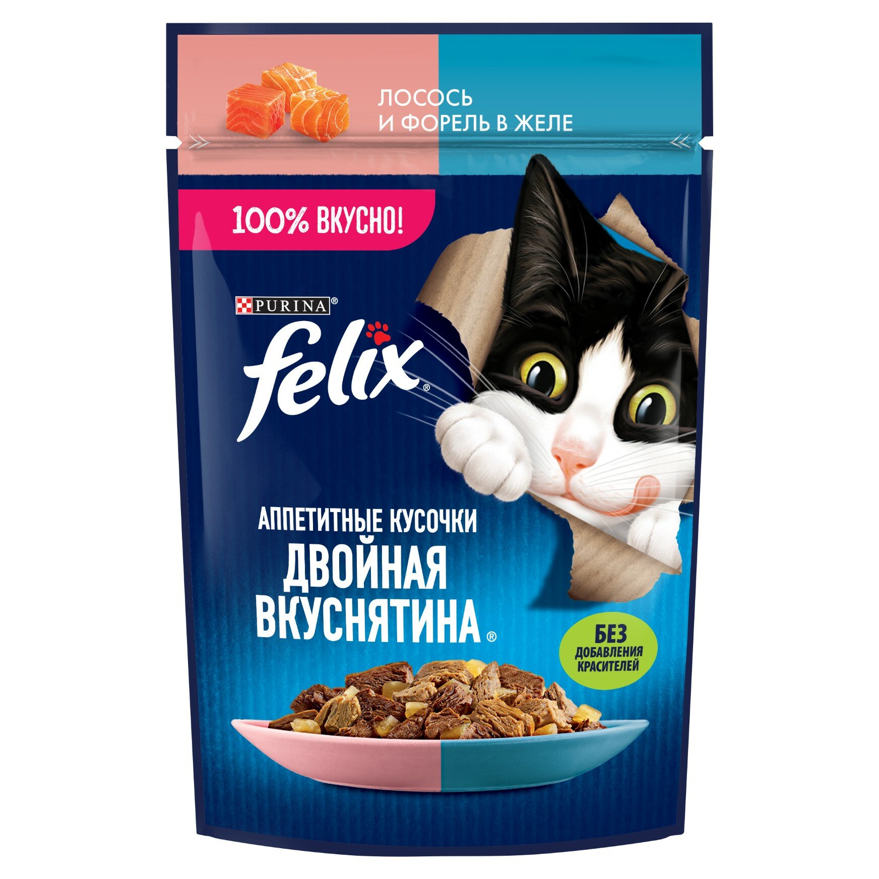 Корм для кошек влажный Felix Двойная вкуснятина, лосось и форель, желе, 75 г
