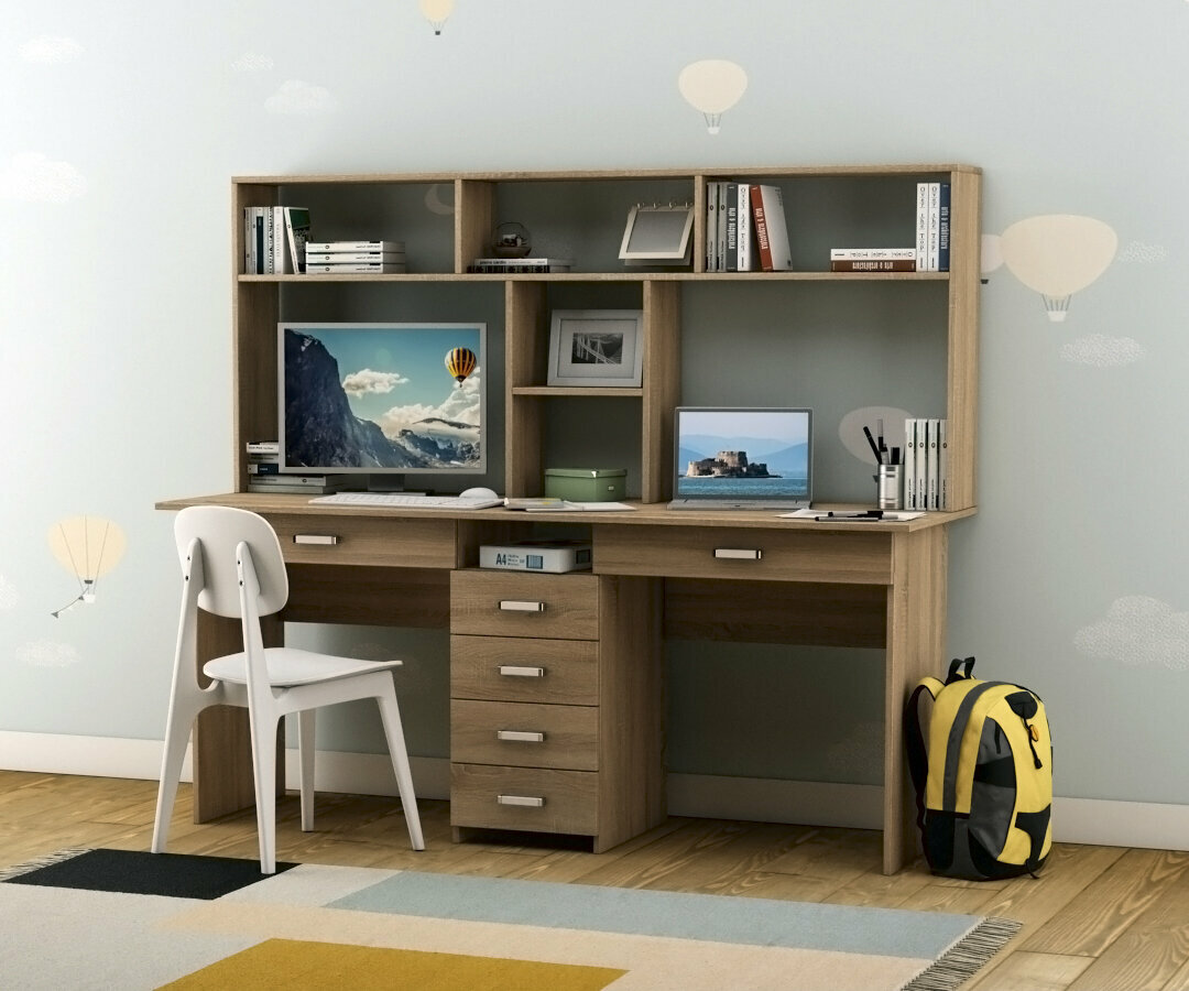Стол письменный, компьютерный для двоих Лайт (Ньюкасл) 11Я с надстройкой дуб сонома