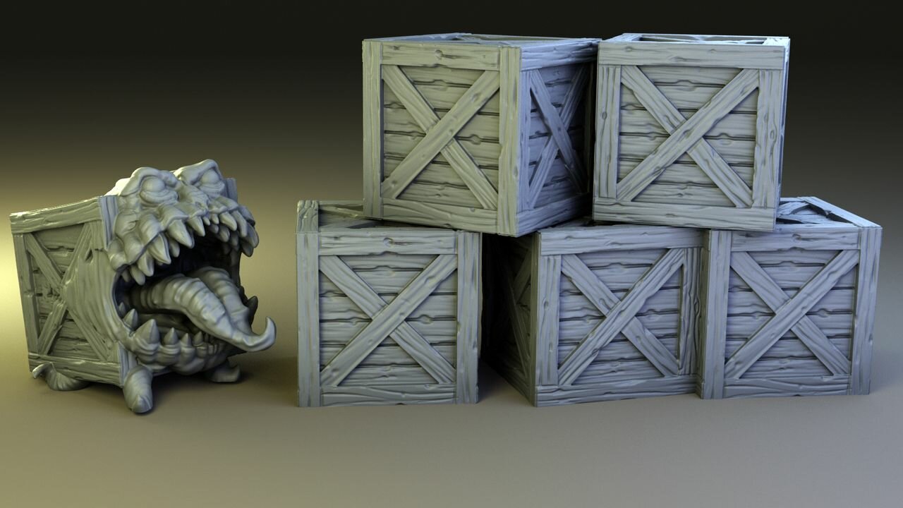 Набор ящиков (18х18мм) Террейн Склада и Мимик-ящик миниатюра для DnD (ДнД) и других Настольных игр (НРИ, Варгеймов или РПГ), фентези тематика