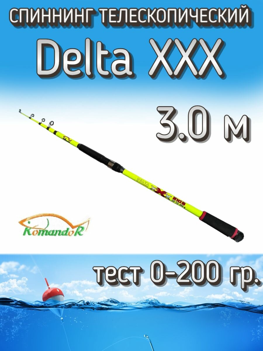 Спиннинг Komandor телескопический Delta XXX желтый, тест 0-200 грамм, 300 см