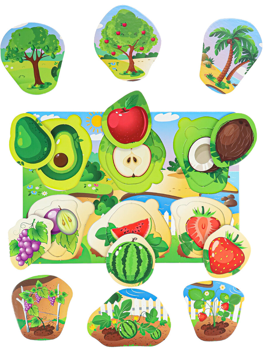 Игра развивающая. Рамка-вкладыш трехслойная. Фрукты и ягоды