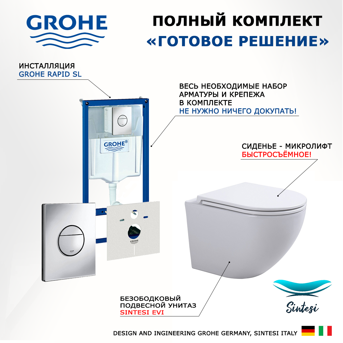 Комплект 3 в 1 инсталляция Grohe Rapid SL + Подвесной унитаз SinteSi EVI + кнопка хром Nova круглая