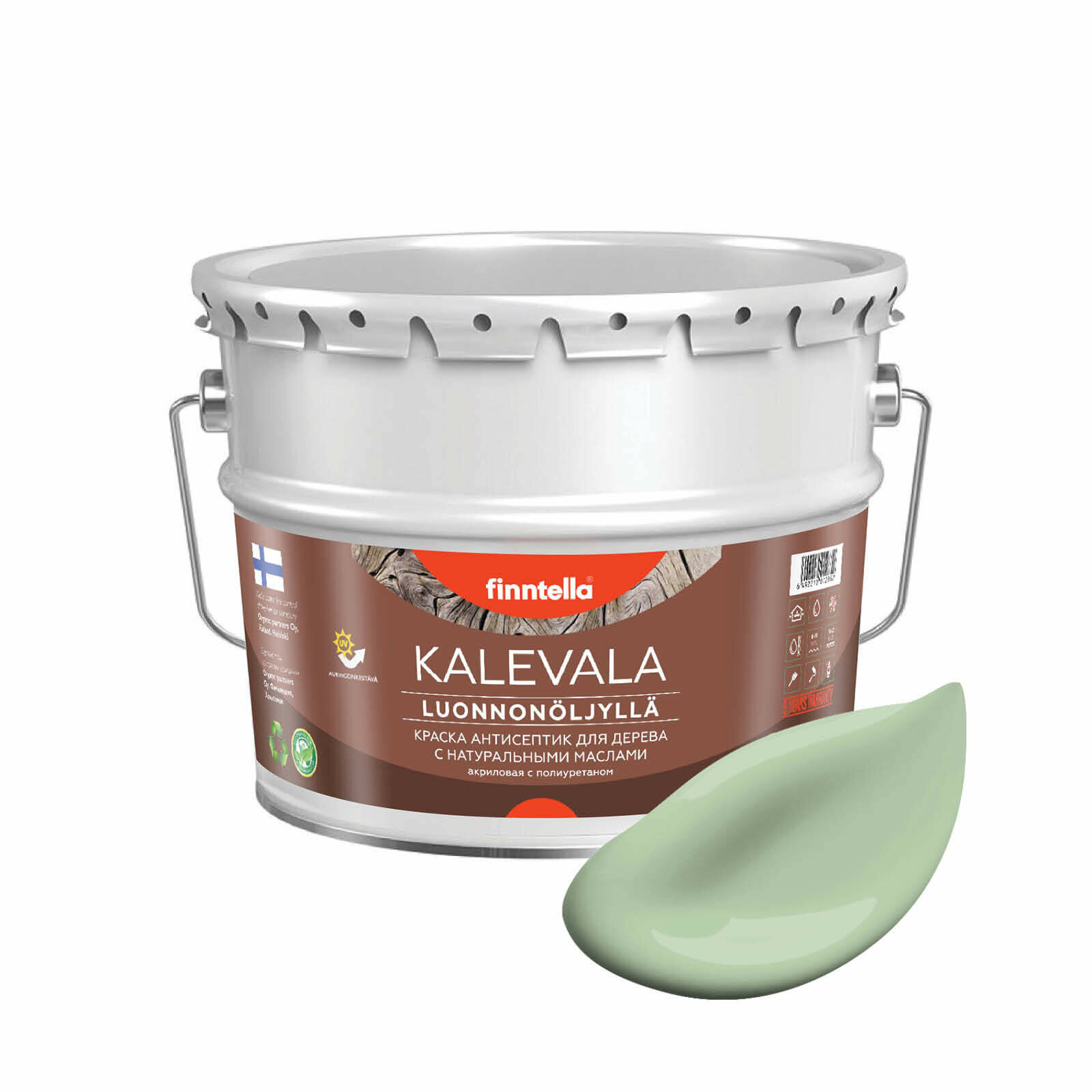 Краска для дерева и деревянных фасадов FINNTELLA KALEVALA, с натуральным маслом и полиуретаном, цвет OMENA (светло-зелёный) , 9л