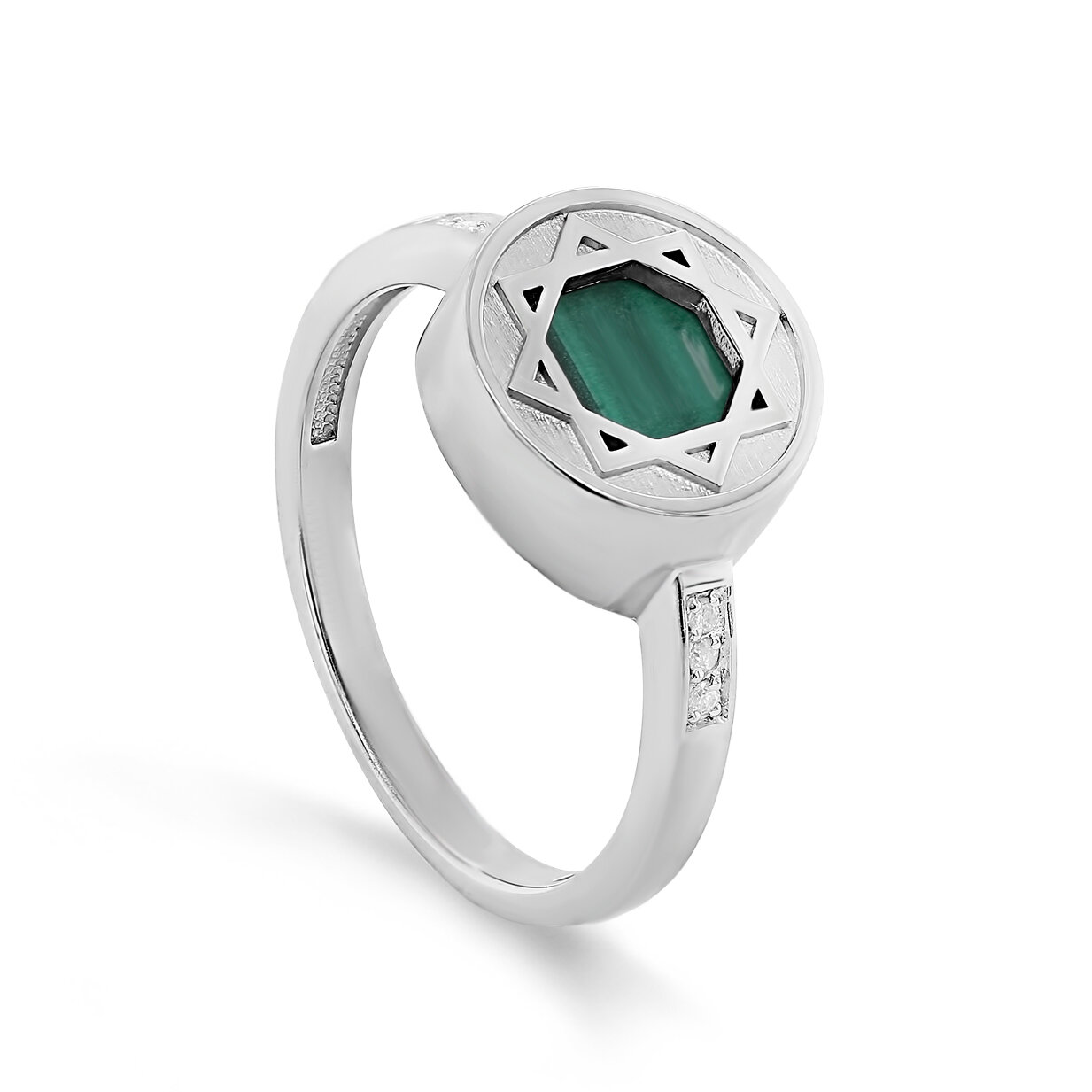 Кольцо, серебро, 925 проба, малахит, фианит