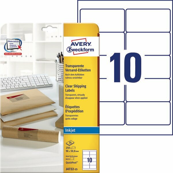 Прозрачные адресные этикетки Avery Zweckform [J4722-25] для струйных принтеров (96x50.8 мм, 250 шт, 25 листов)