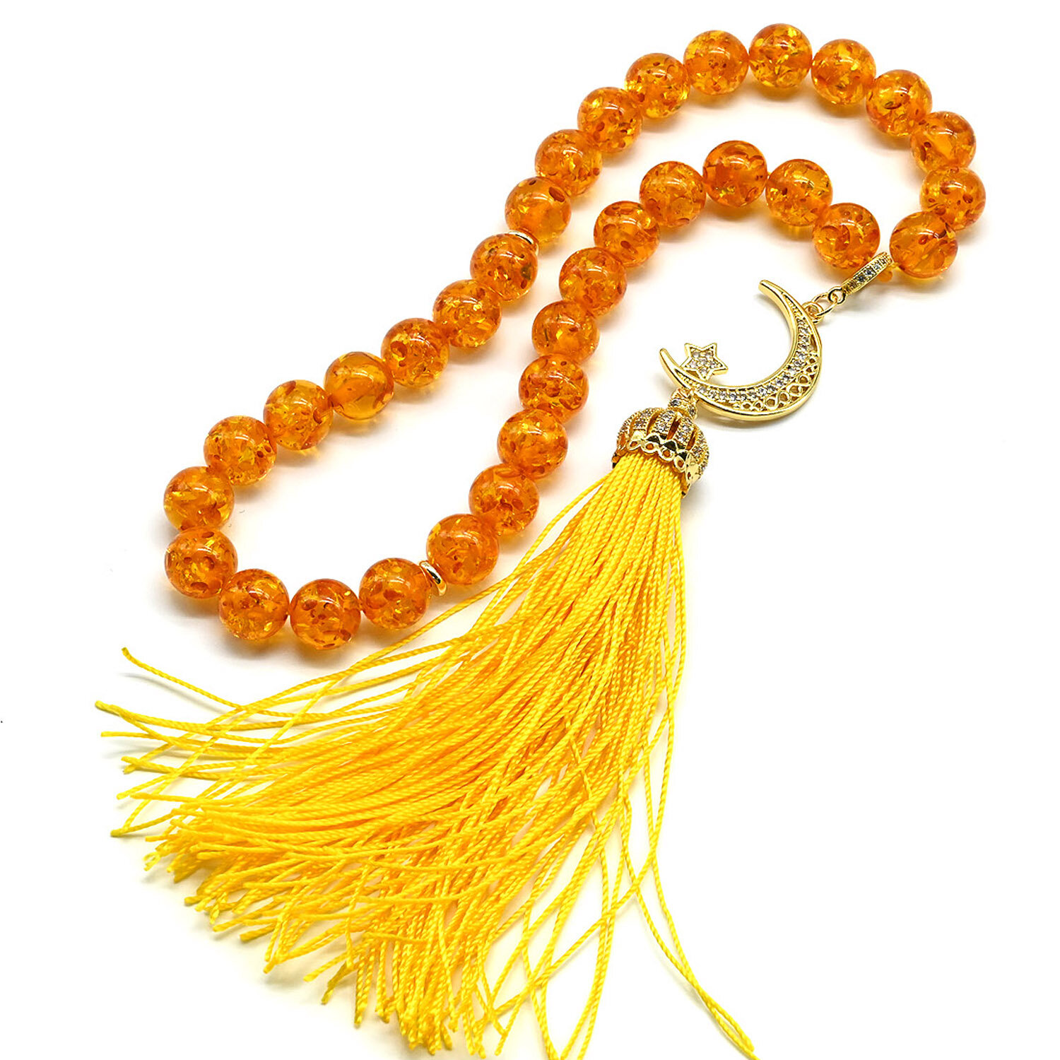 Четки 33 бусины "Полумесяц" из янтаря шарик 10мм цв. медовый, 34см .