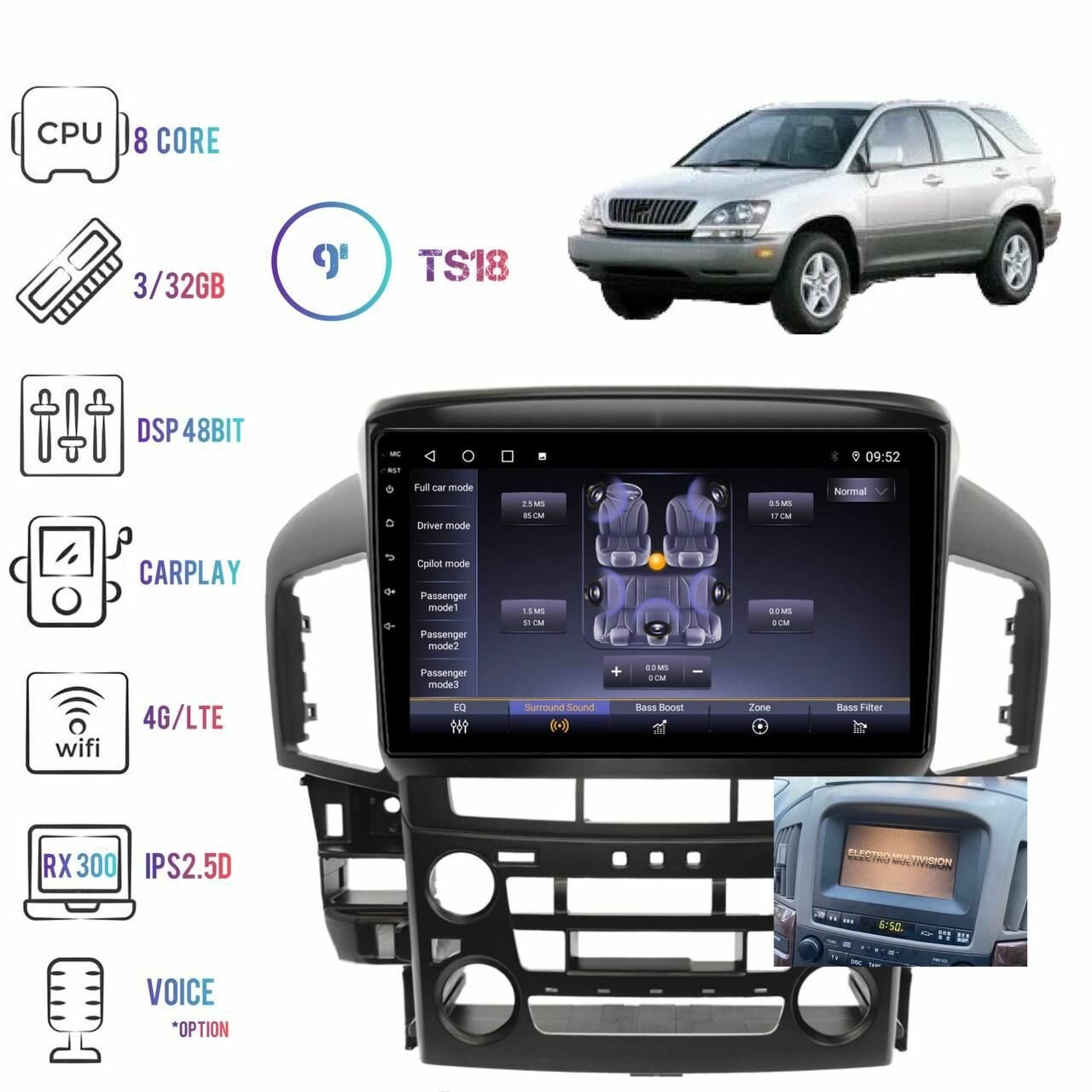 Магнитола для Lexus RX 300 1997 - 2003 MFB (авто без CD) на Андроиде 11 Car Edition TS18 3+32Gb+8ядер+2ядра GU+DSP+CarPlay+4G SIM+IPS2.5D+голосовое управление