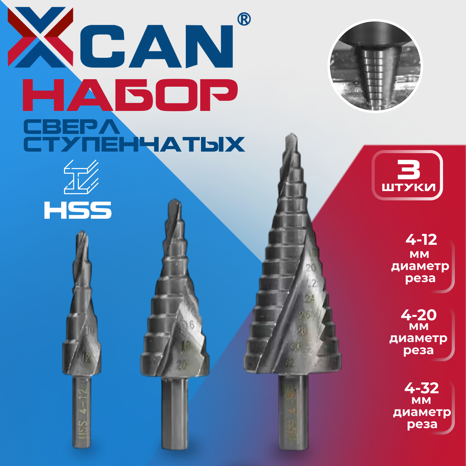 Набор сверл ступенчатых XCAN HSS 4-12/4-20/4-32 мм, покрытие TiCN, 3 шт.