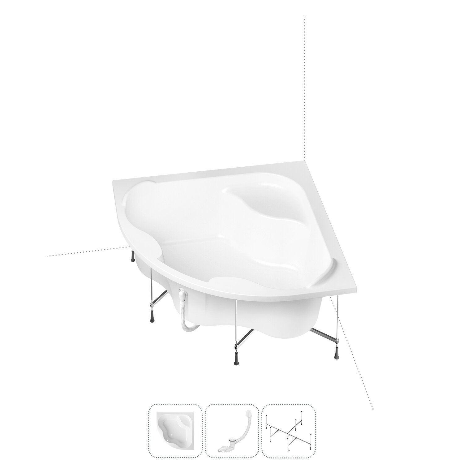 Угловая ванна акриловая 140 x 140 с каркасом Lavinia Boho Aveo 202010997 в наборе 3 в 1: акриловая ванна, слив-перелив, каркас