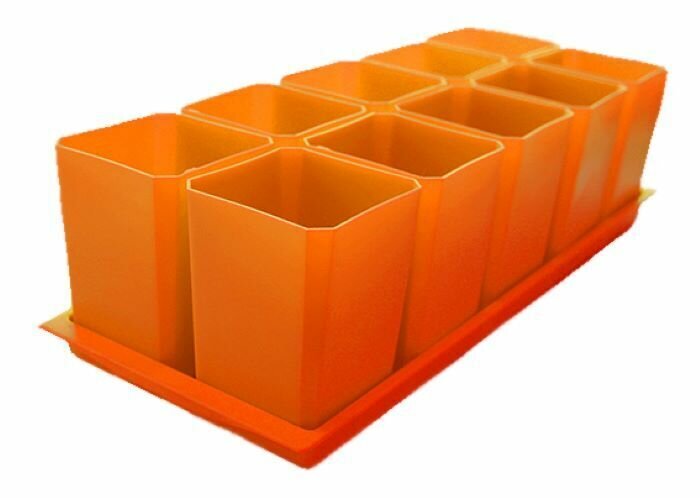 Горшки для рассады и цветов, набор из 10 горшков по 750 мл и поддона, Оранжевый