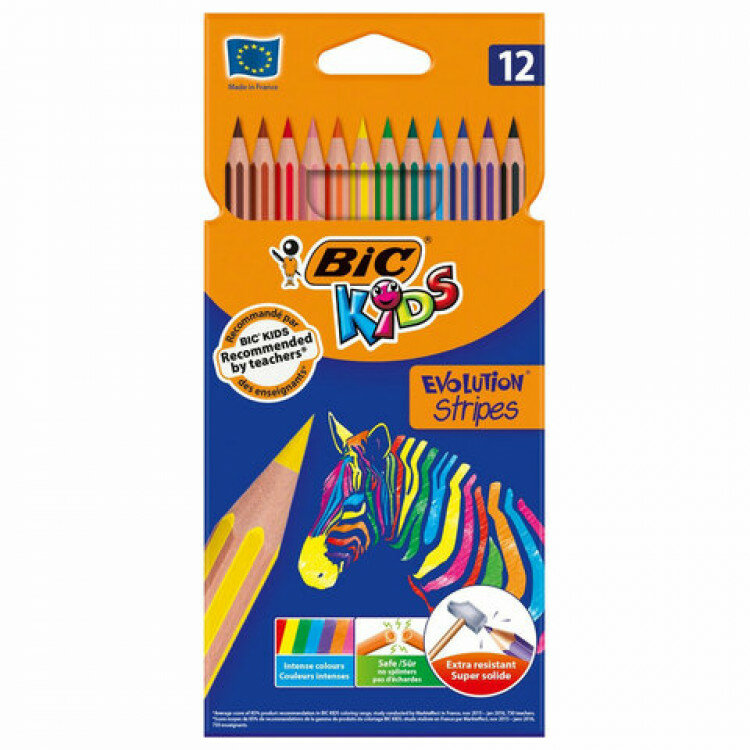 Карандаши цветные BIC "Evolution Stripes", 12 цветов, шестигранные, грифель 9505221
