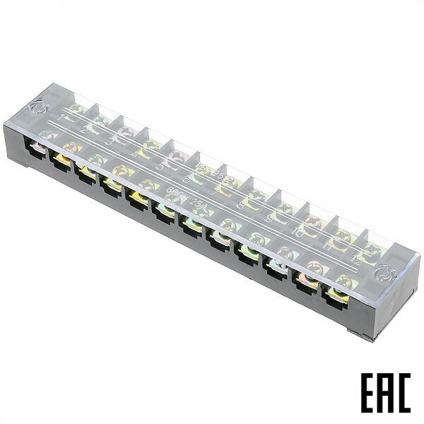 Блок клеммный 12 пар винтовых клемм 2,5 кв. мм с прозр. крышкой Ruichi TB-2512 (4 шт. в комплекте)