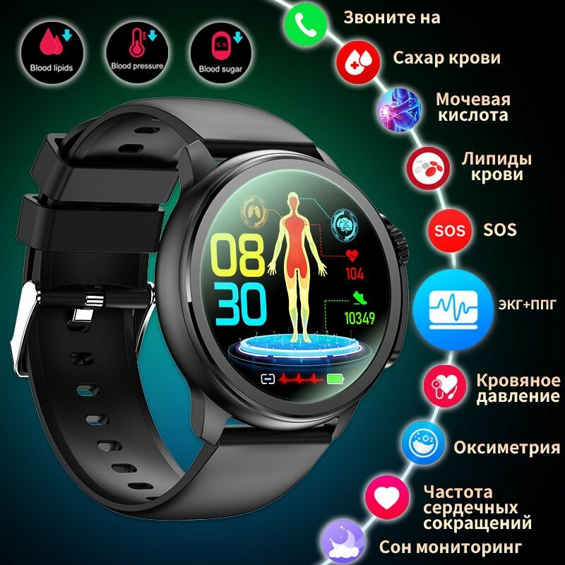 ЭКГ смарт часы женские круглые, с калькуляторомс измерением давления, с камерой, умные часы мужские водонепроницаемые,