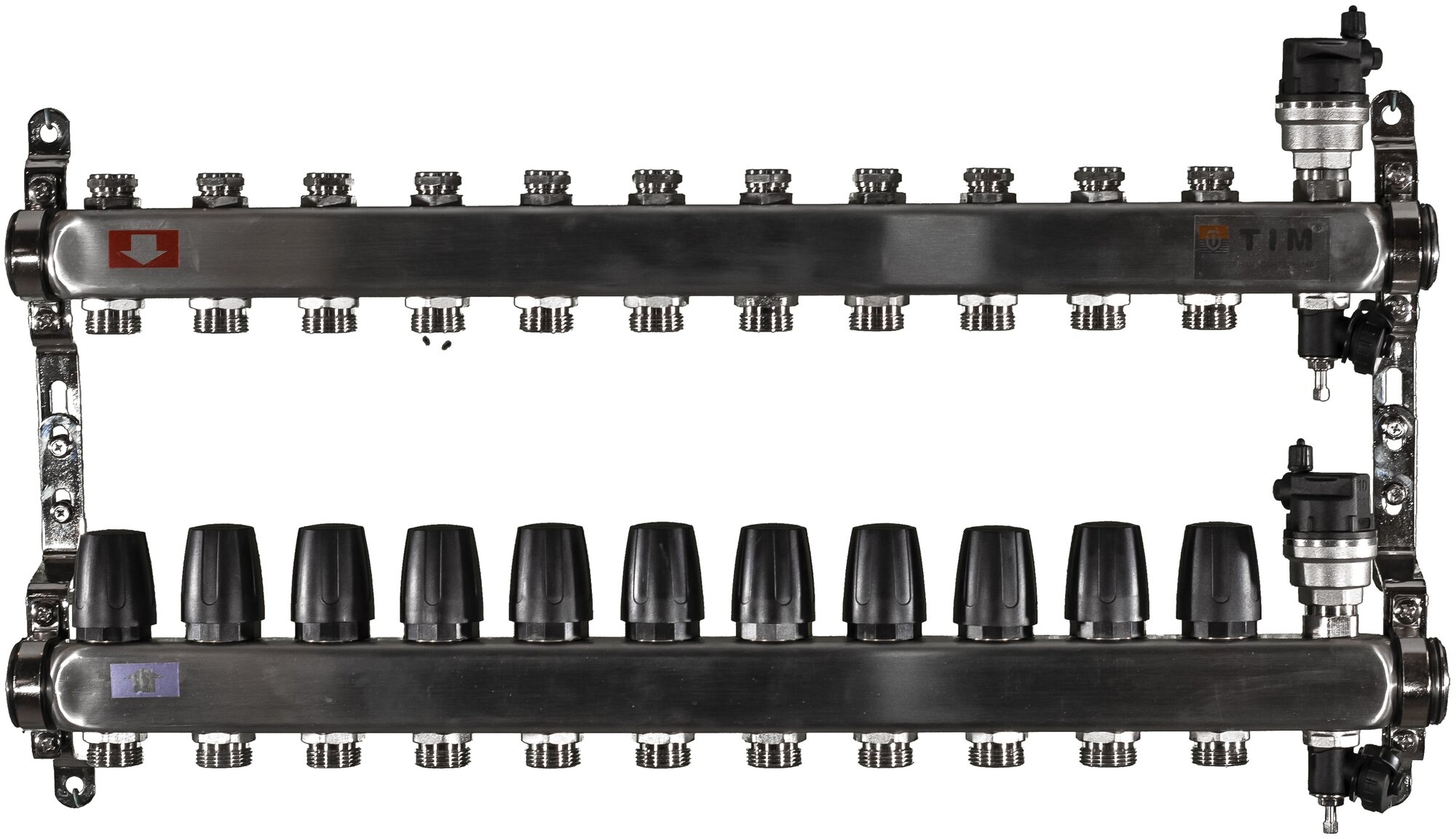 TIM Коллектор без расходомеров и кранов KВS011 1" х 11 выходов из нерж. стали, для теплого пола