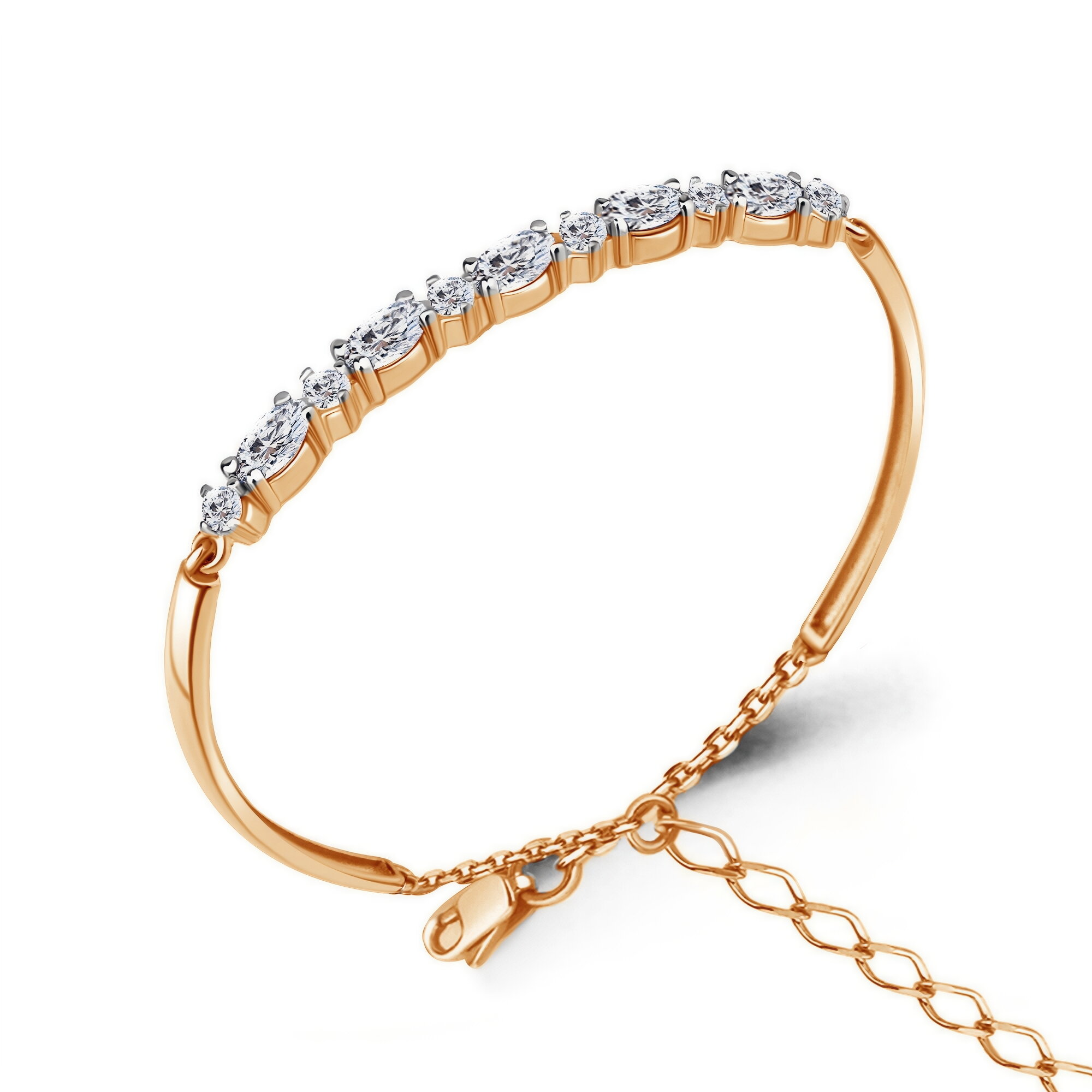 Жесткий браслет, серебро, 925 проба, золочение, фианит