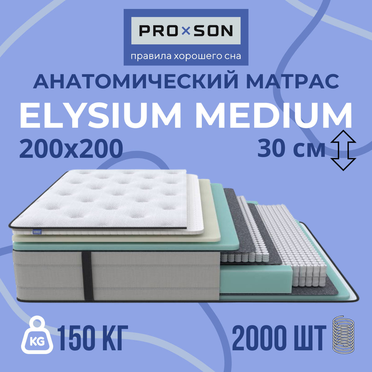 Матрас 200x200 Elysium Medium PROxSON средней жесткости, независимые пружины