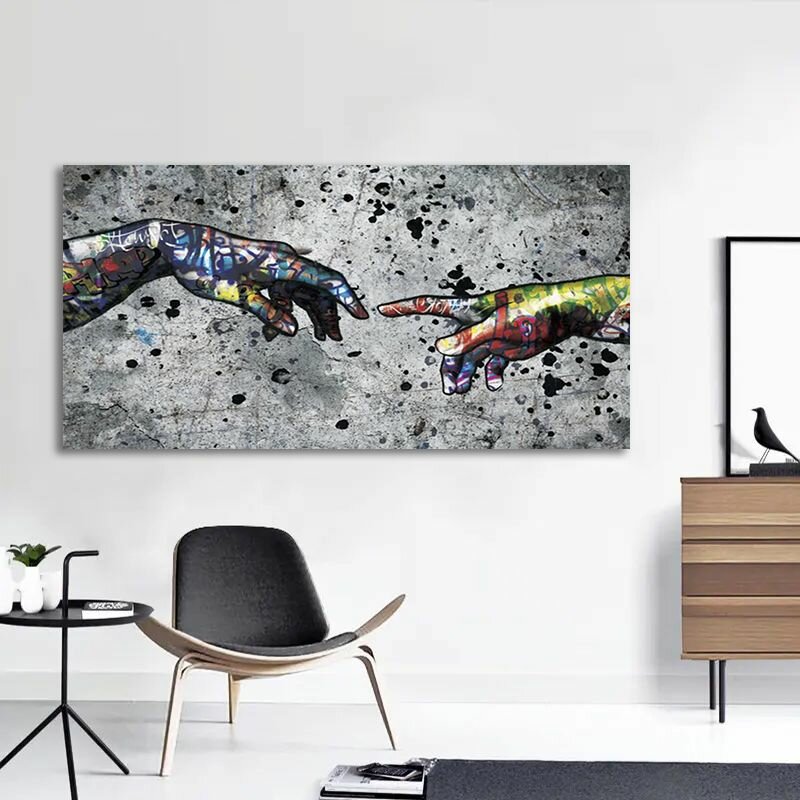 Бэнкси / Banksy - Сотворение Адама / картина абстракция для интерьера, уличное искусство, 40х80 см.