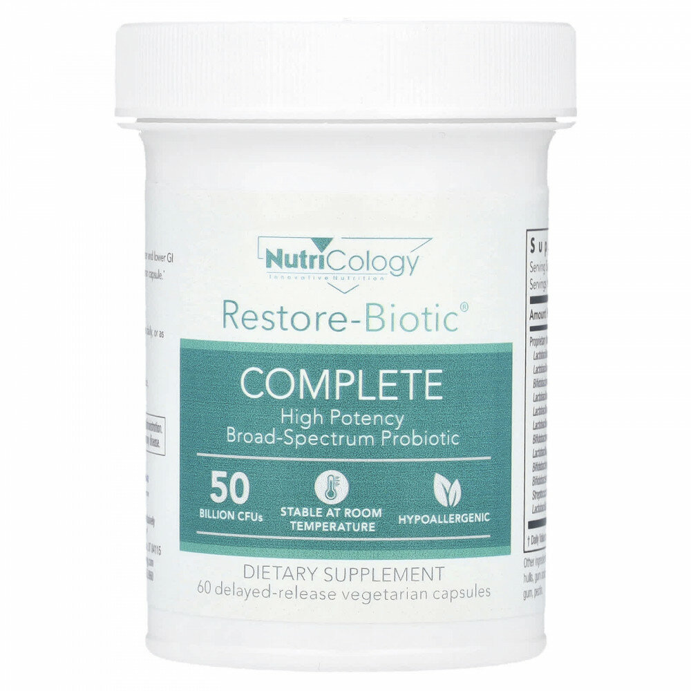 Nutricology, Restore-Biotic® Complete, 50 млрд КОЕ, 60 вегетарианских капсул с отсроченным высвобождением