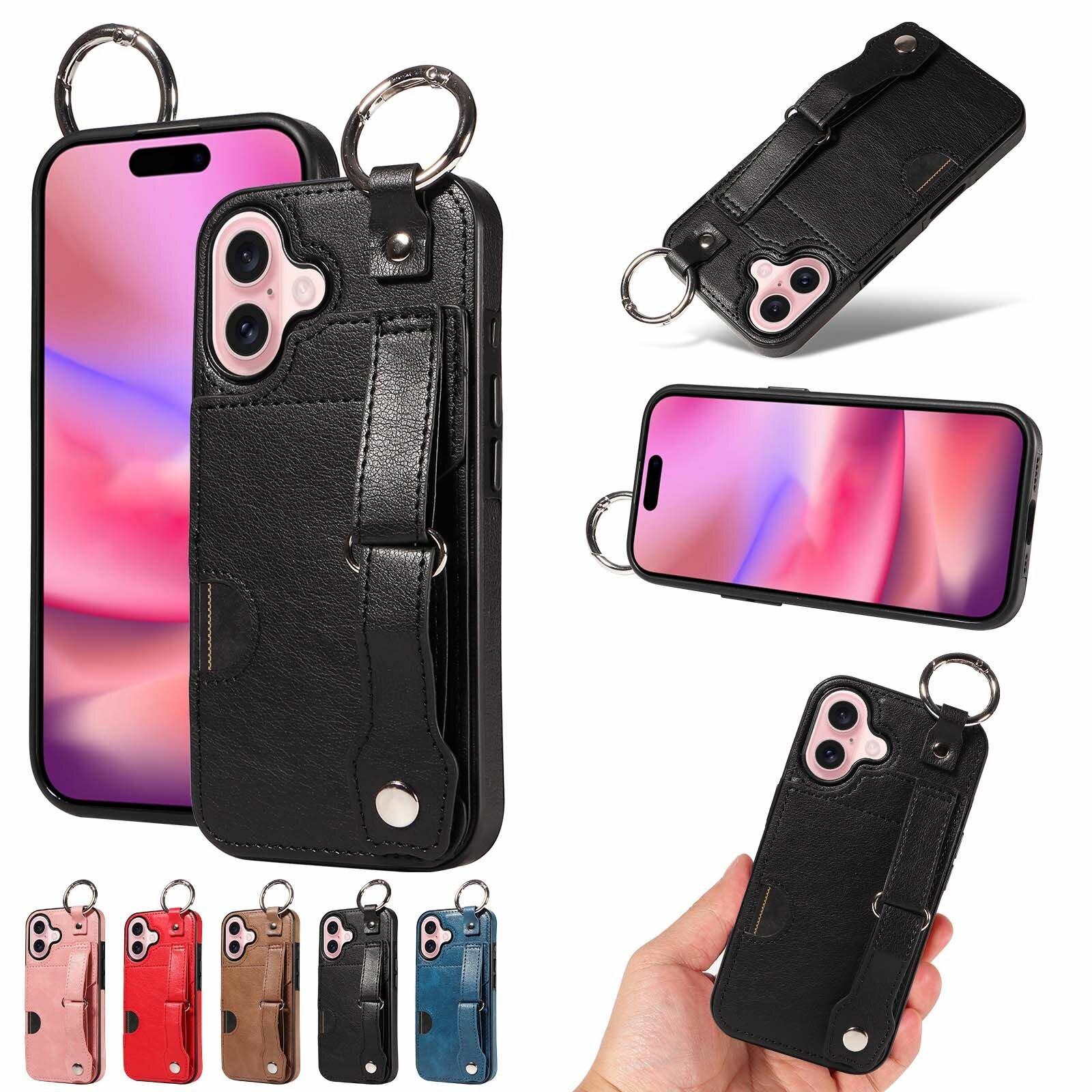 YIKATU Кожаный чехол для Apple iPhone 16 (Эпл Айфон 16 ) с регулируемым ремешком на запястье/кольцевой пряжкой/ Держатель карты