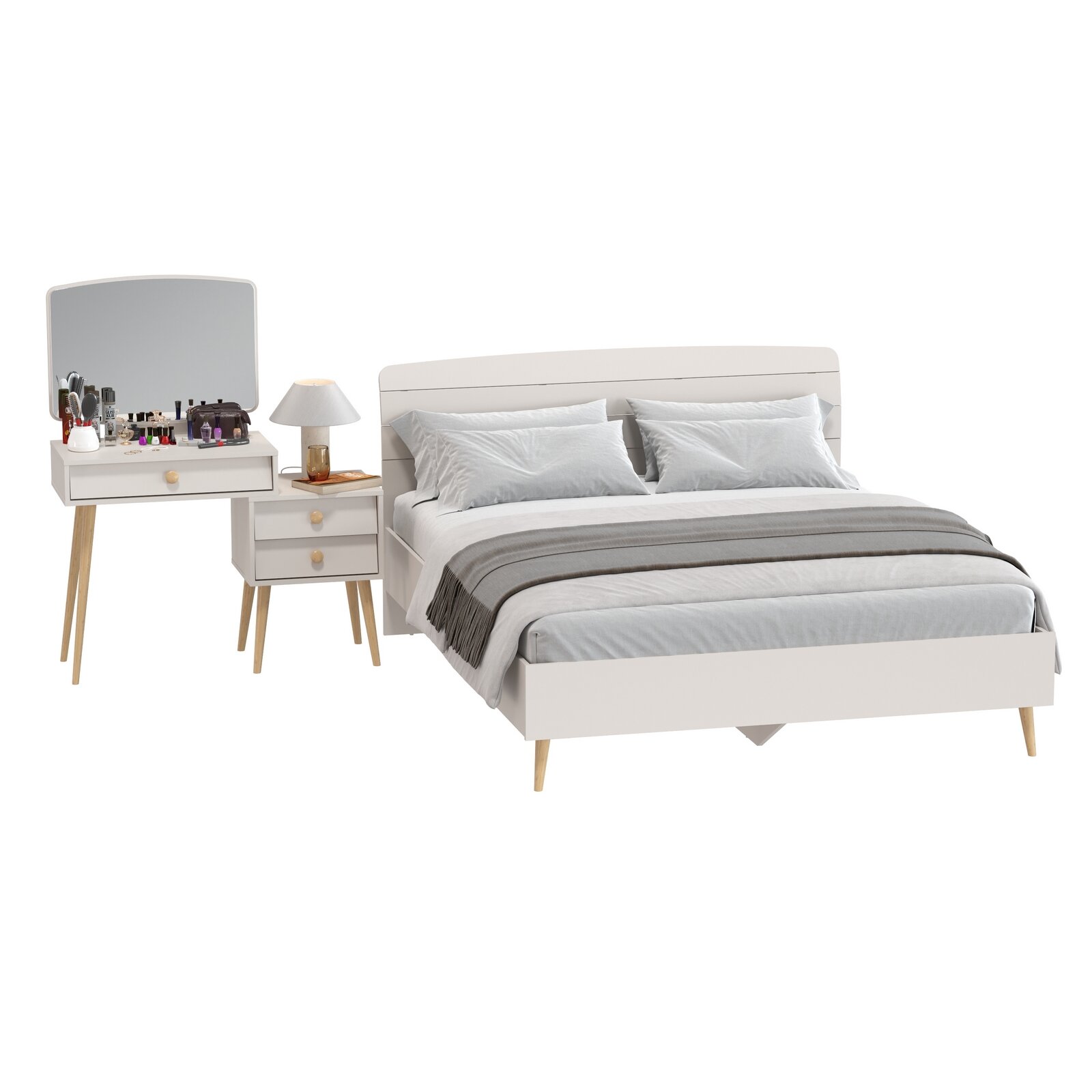 Трюмо с зеркалом Афина и двуспальная кровать, цвет кашемир серый, 2 предмета