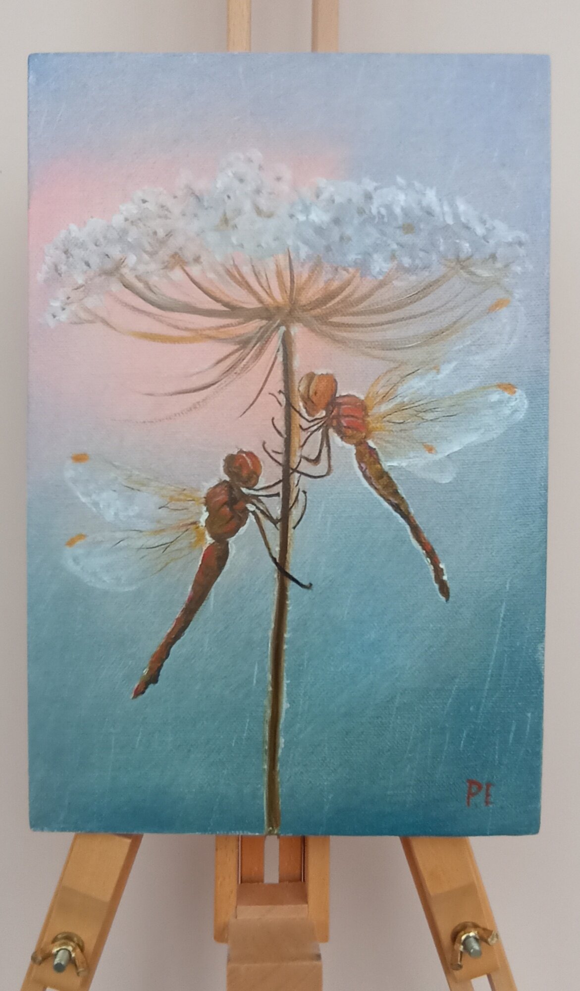 Картина масло/холст. 100% ручная работа, 100% живопись. Художественная мастерская Грёзы. Цветочек и 2 стрекозы. 20х30 см