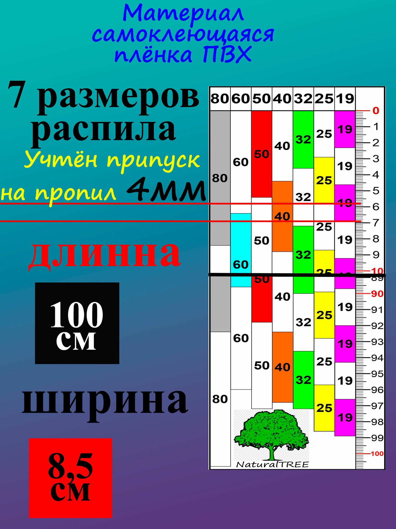 Линейка наклейка ПВХ для пилорамы 100см 7размеров V.2 ширина 8,5см