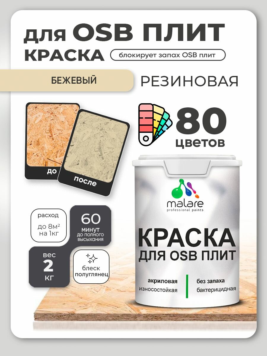 Резиновая краска для ОСБ плит Malare акриловая краска для дерева для наружных и внутренних работ, быстросохнущая без запаха полуглянцевая, бежевый, 2 кг