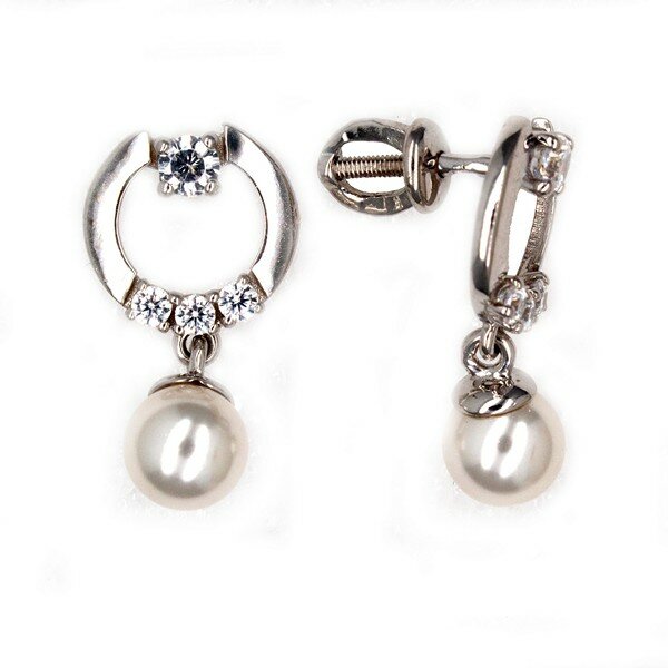 Серьги пусеты, серебро, 925 проба, родирование, фианит, жемчуг