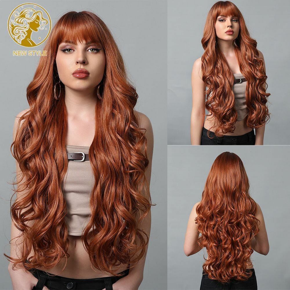 Парик для женщин, черно-оранжевый, длинные вьющиеся волосы с челкой
