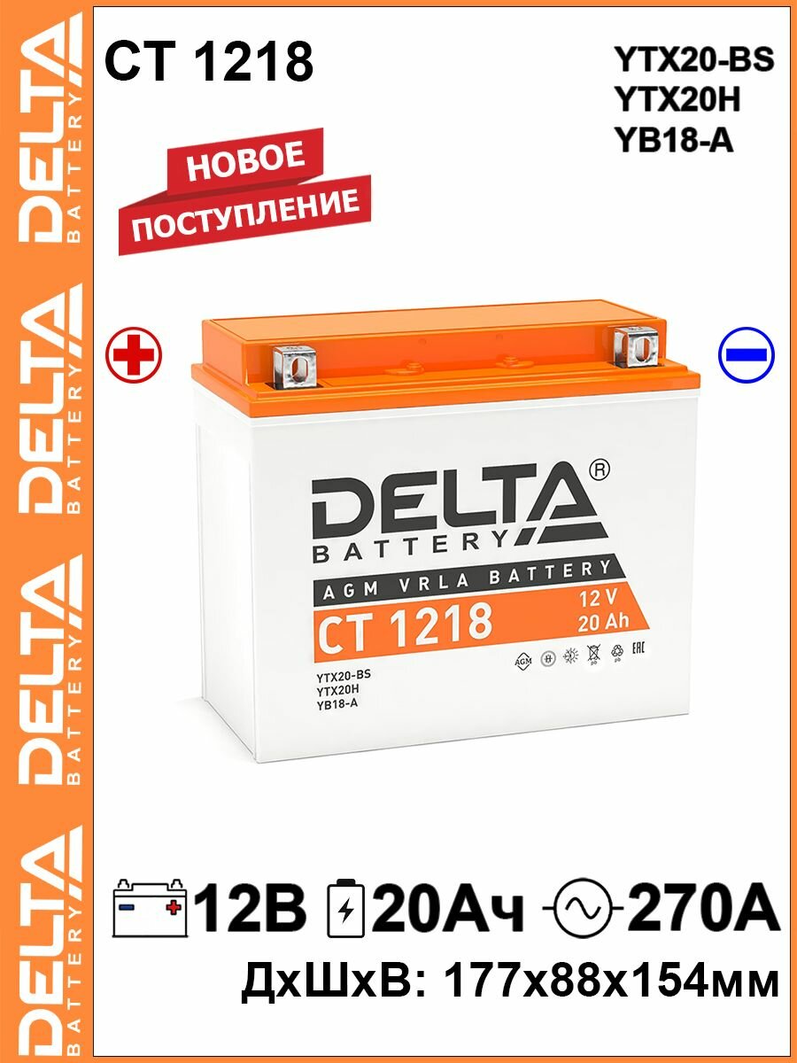 Мото аккумулятор стартерный Delta CT 1218 12В 20Ач прямая полярность 270А (12V 20Ah) (YTX20-BS; YTX20H; YB16-B-CX; YB16-B) AGM аккумулятор для мотоцикла, квадроцикла, снегохода, гидроцикла, генератора