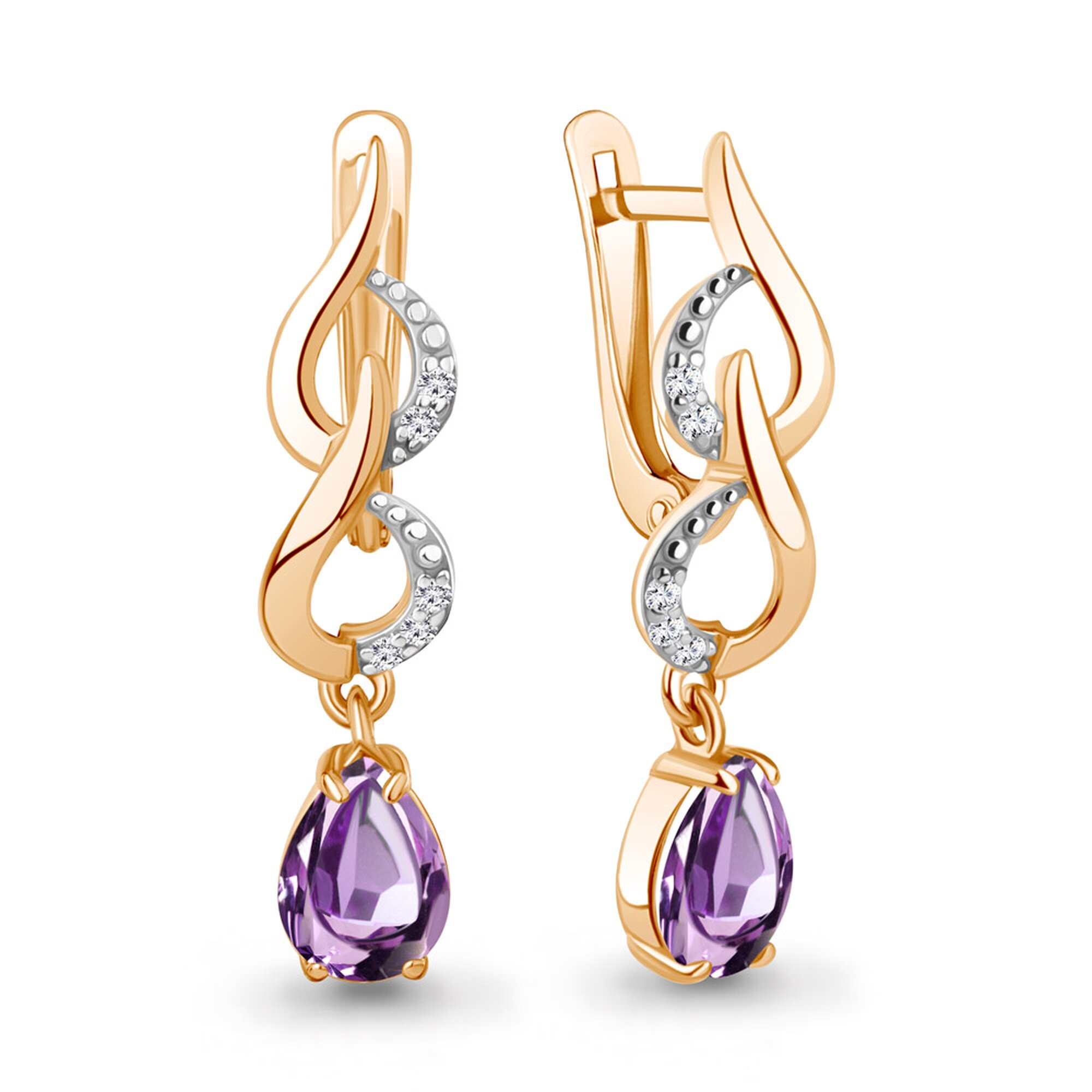 Серьги, серебро, 925 проба, золочение, фианит, аметист