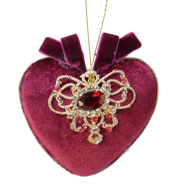 Елочная игрушка Сердце - Fuento Tessilo 11 см сливовая, подвеска, Kaemingk, 726220-2