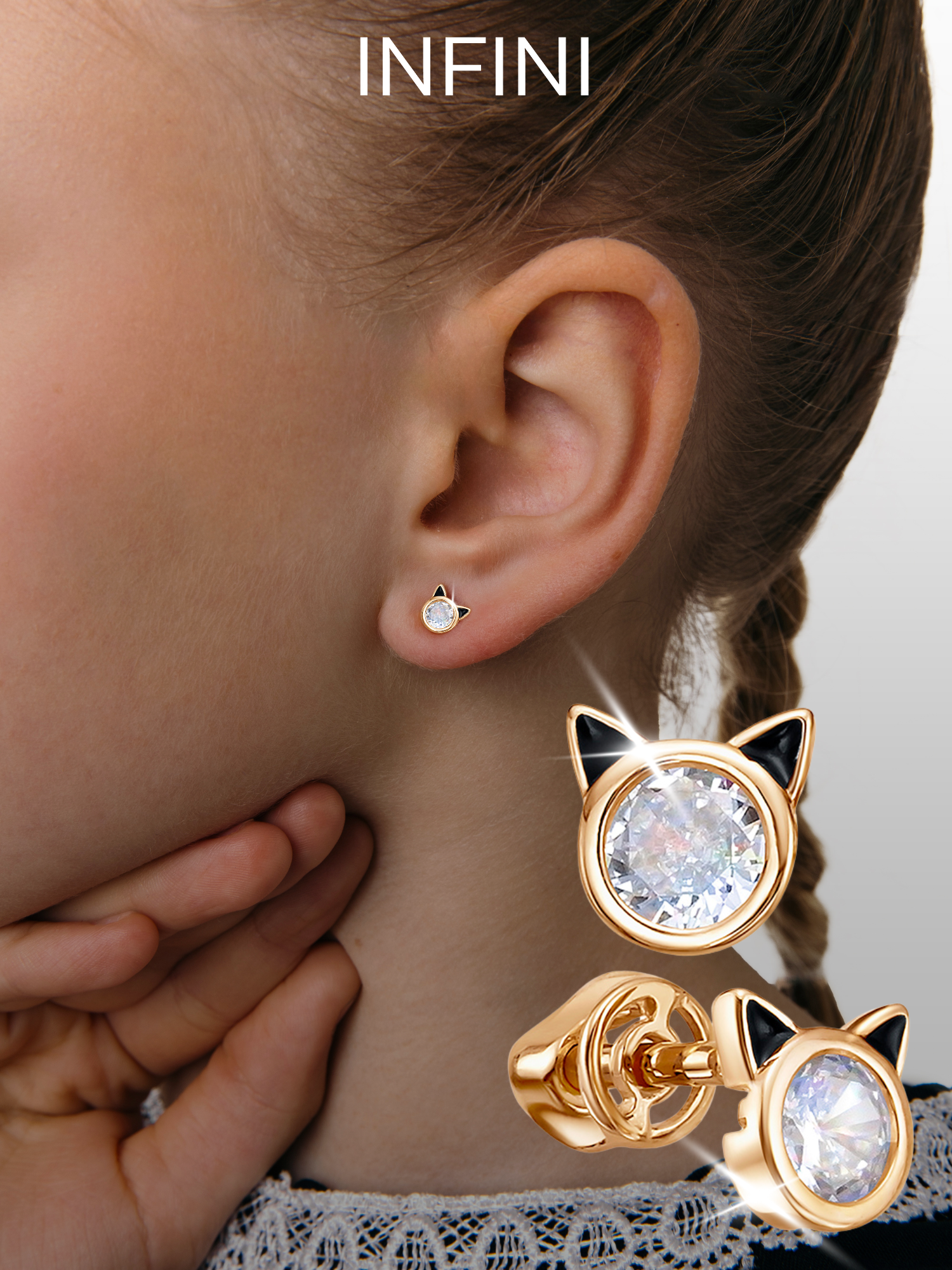 Серьги пусеты, красное золото, 585 проба, эмаль, фианит