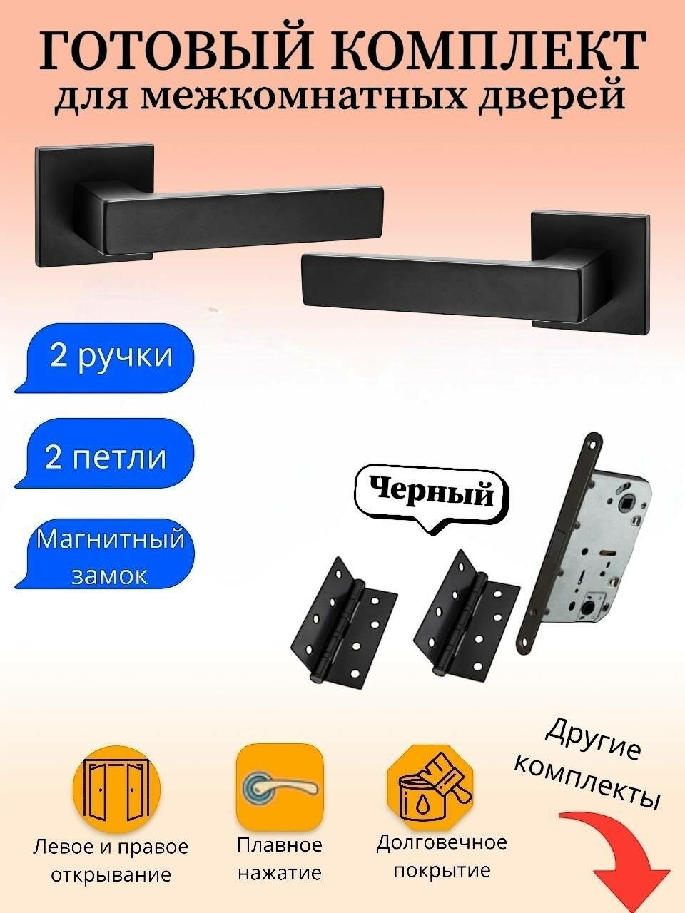 Ручка дверная межкомнатная Puerto INAL_541-03_slim_B_MAG, черный (ручка + 2 универсальные петли + магнитный замок)