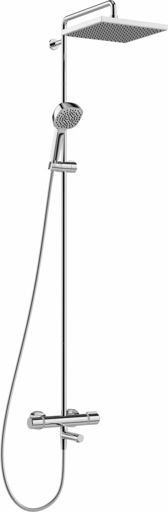 Душевая стойка Jacob Delafon Atom E26238-CP со смесителем, термостатическим, хром, глянцевая, с тропическим душем, с изливом, с лейкой, душевая система, латунная