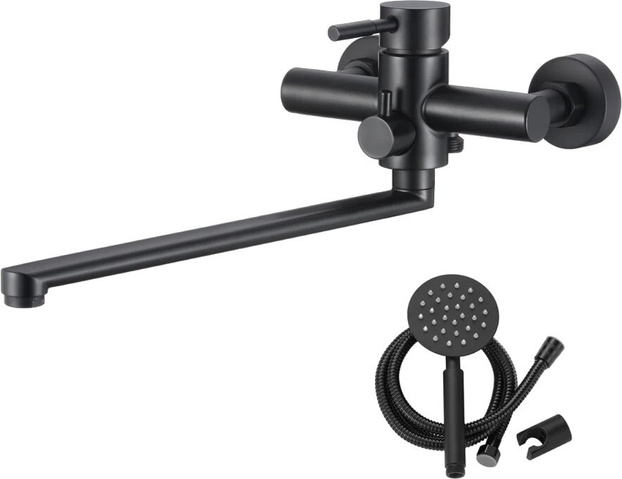 Смеситель с длинным изливом для ванны Olive'S Сatalona 13221BLB с душевым гарнитуром, поворотный, из нержавеющей стали, черный, матовый, смеситель для ванны с душем, рычажный, с настенным держателем